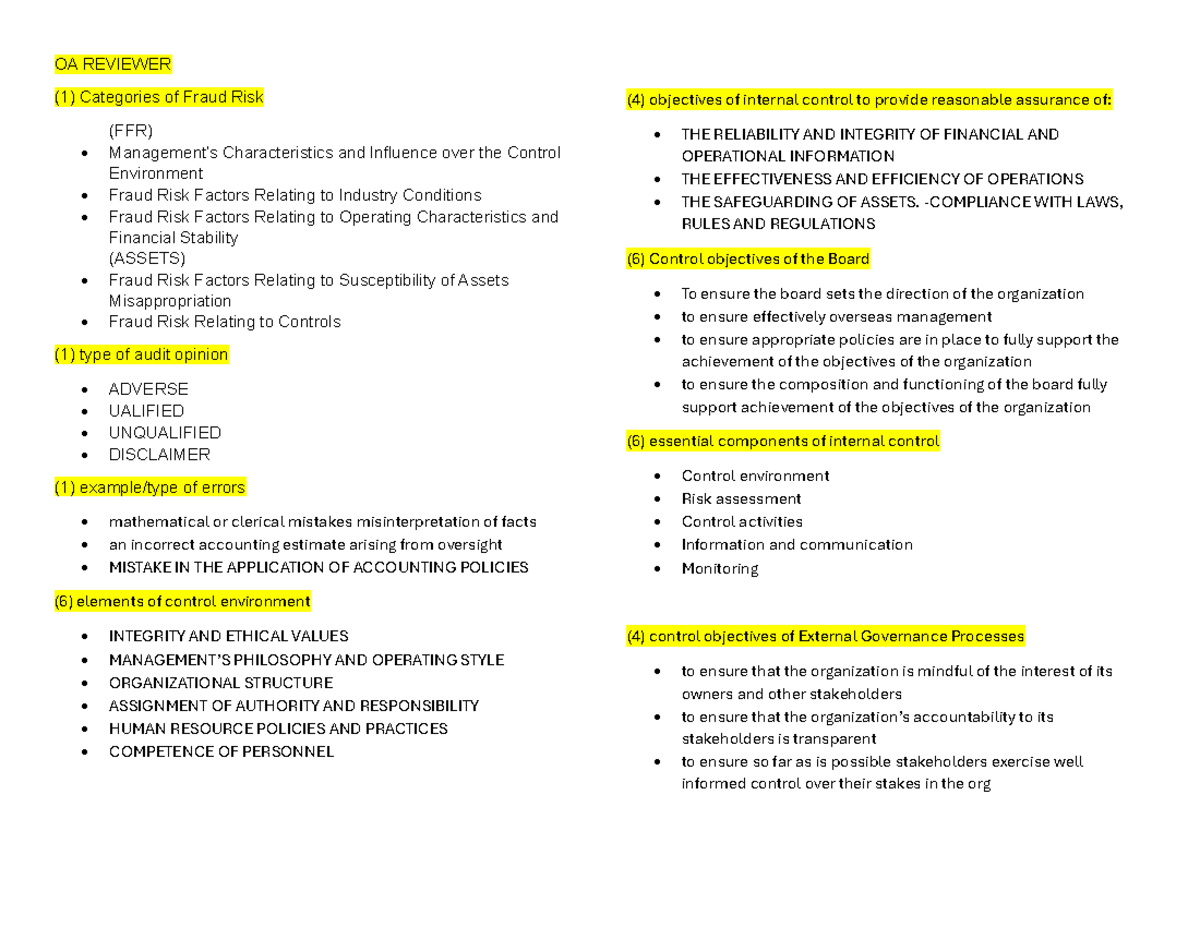 OA Reviewer - OA REVIEWER (1) Categories of Fraud Risk (FFR) Management ...
