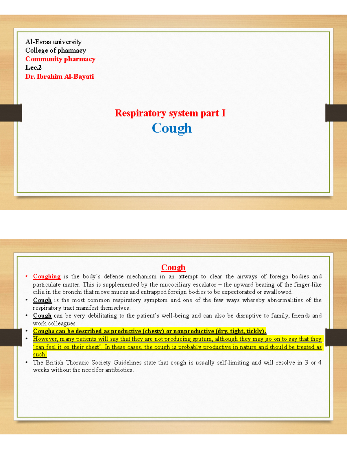 Respiratory system part I Cough - Al-Esraa university College of ...
