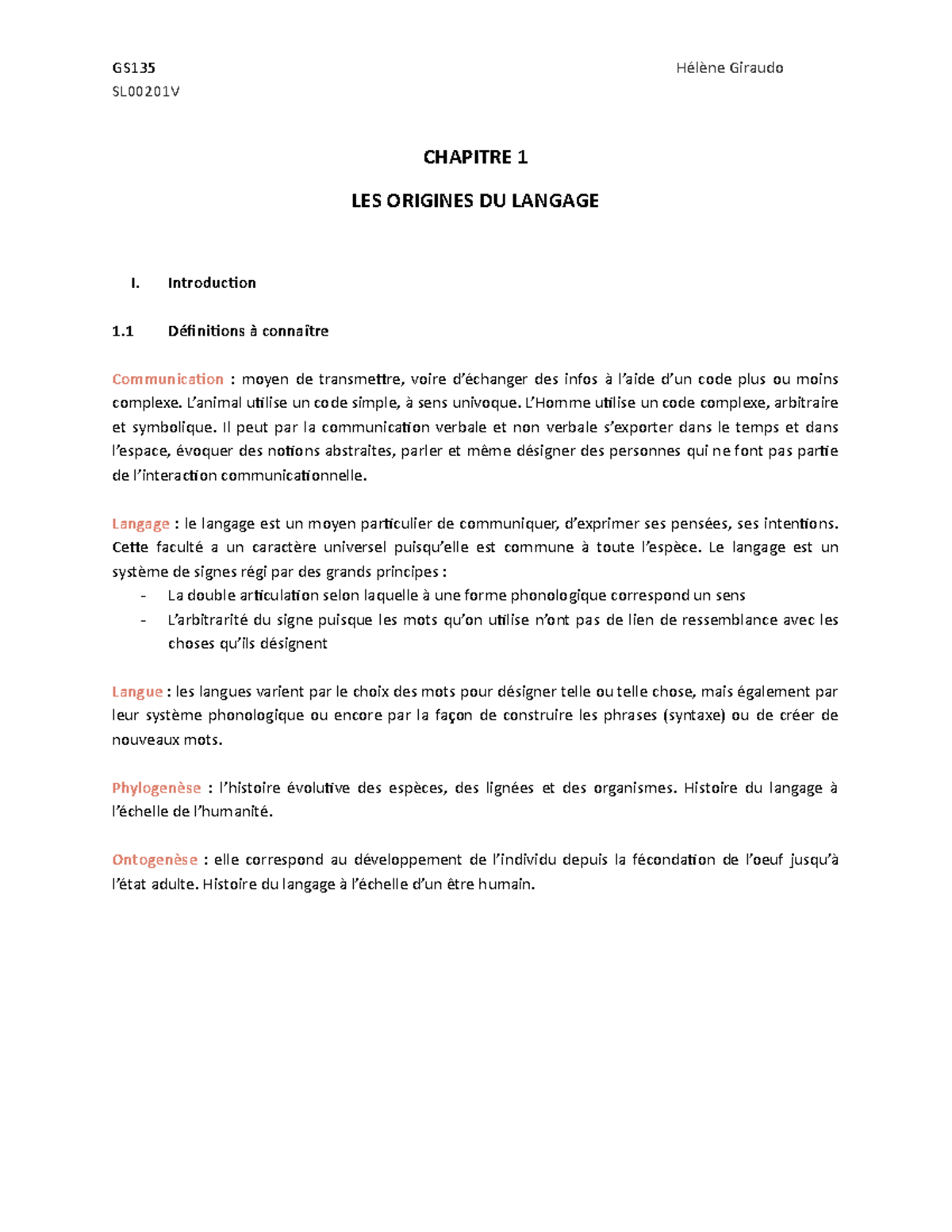 Origines du langage - GS135 Hélène Giraudo SL00201V CHAPITRE 1 LES ...