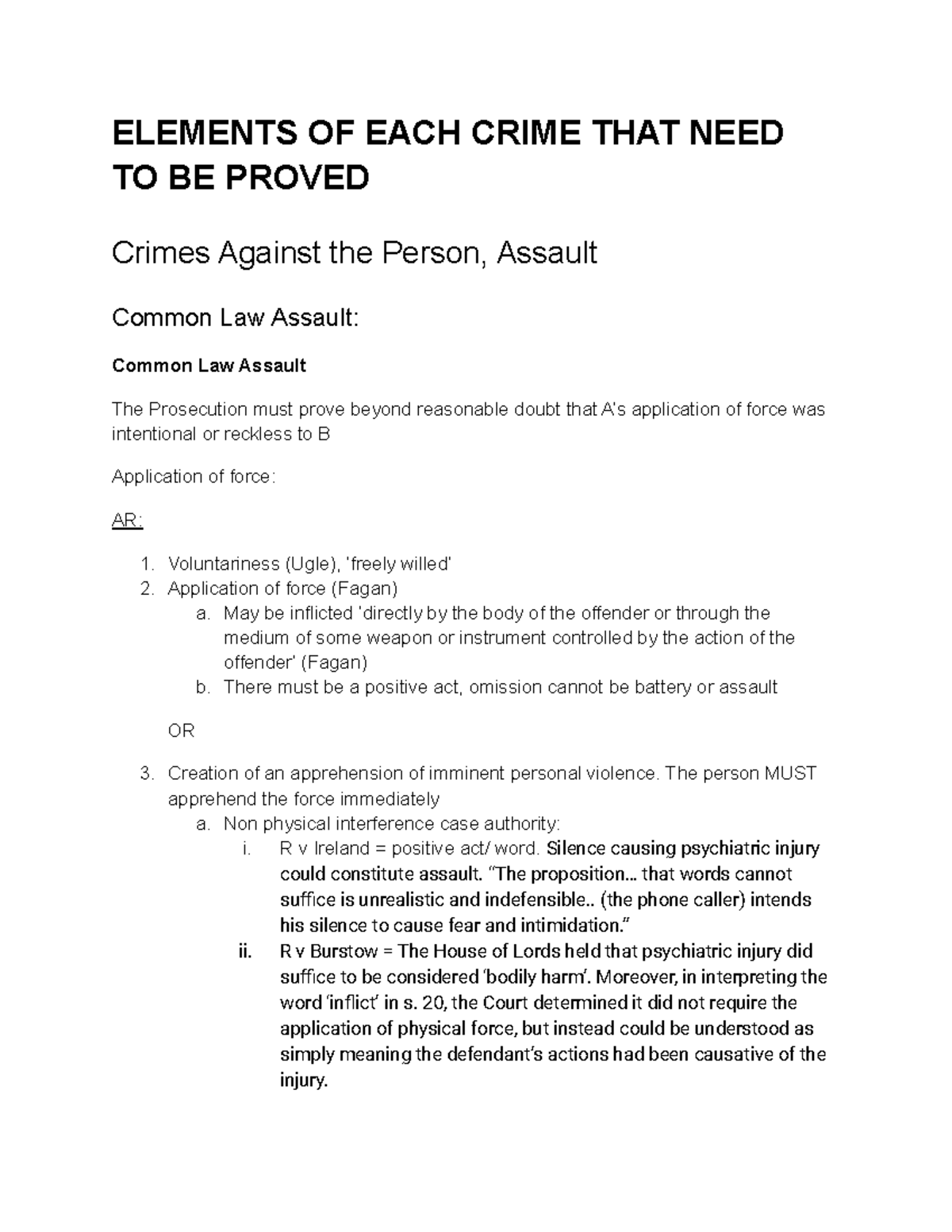 Criminal Law Exam Notes/ Answer Structures - ELEMENTS OF EACH CRIME ...