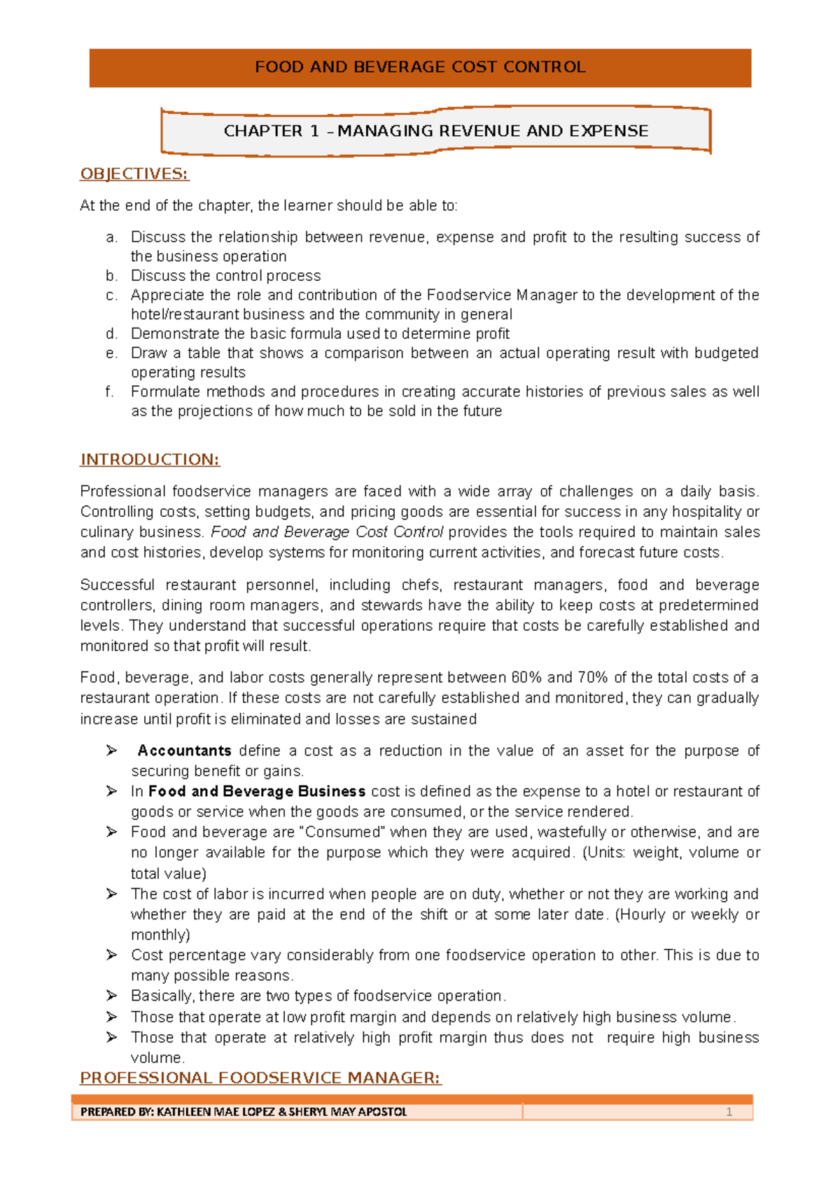Module 1 Fn B Cost Control - OBJECTIVES: At the end of the chapter, the ...