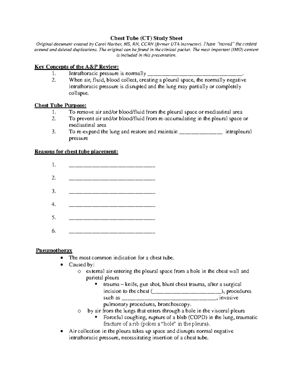 Chest+Tube+Study+Sheet - Chest Tube (CT) Study Sheet Original document ...