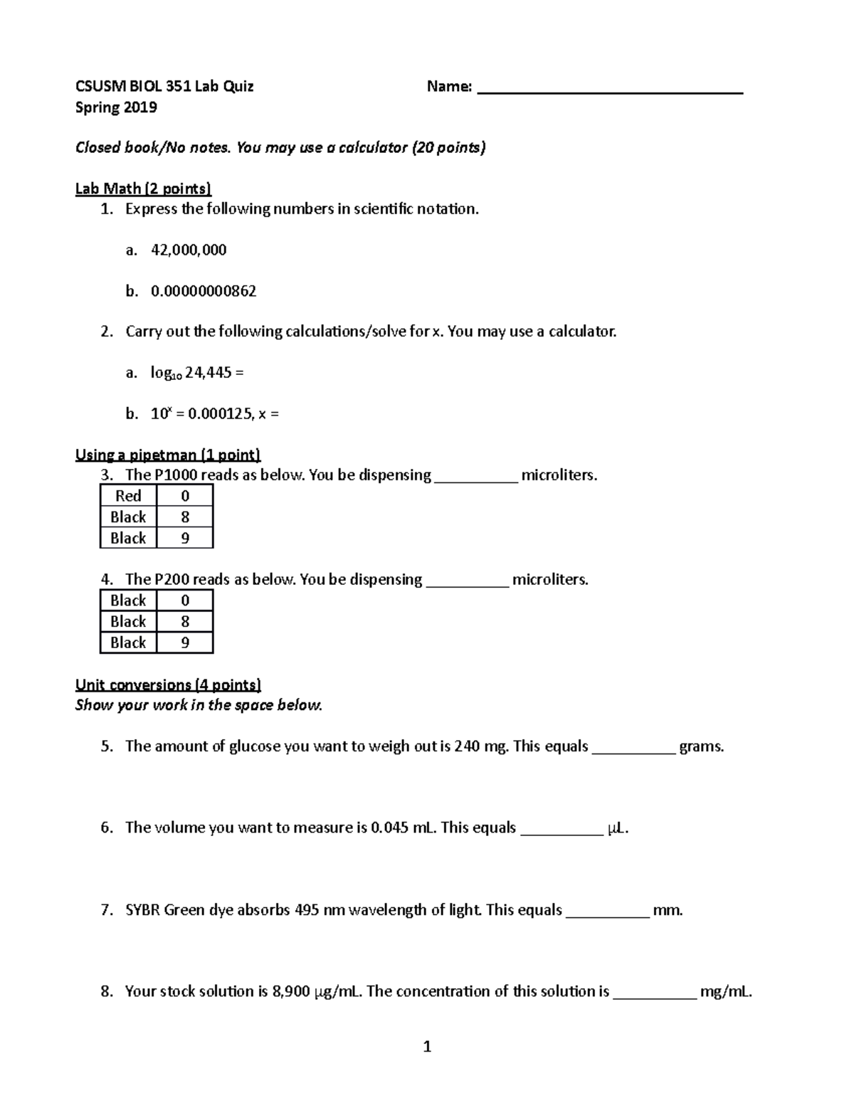 BIOL351 S2019 Lab Quiz1 - CSUSM BIOL 351 Lab Quiz Spring 2019 Name ...
