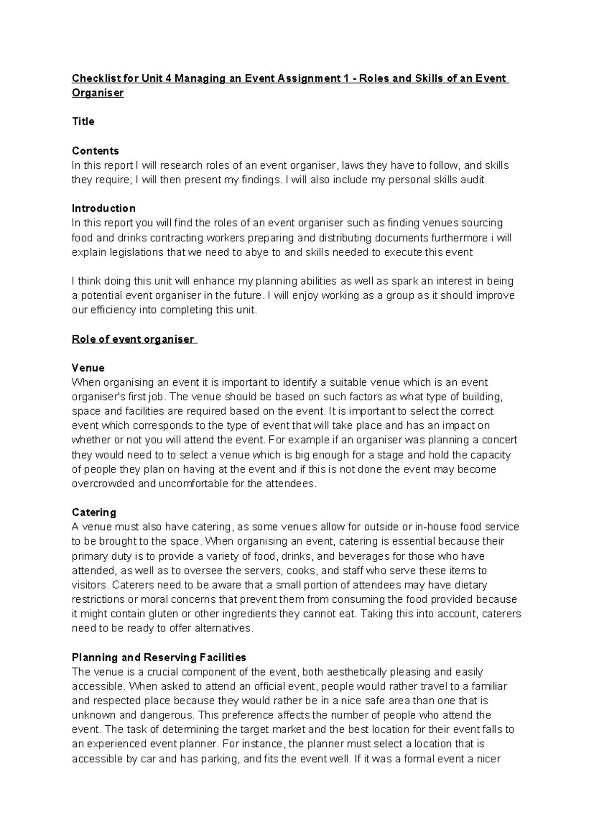 UNIT 4 Assingment 1 - Toby Lane - Checklist for Unit 4 Managing an Event Assignment 1 - Roles ...