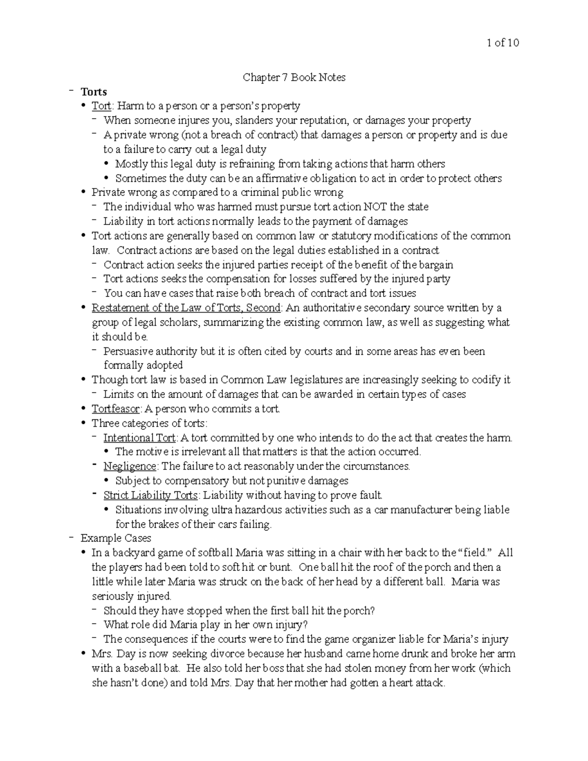 Chapter 7 Book Notes - 1! of !10 Chapter 7 Book Notes Torts Tort: Harm ...