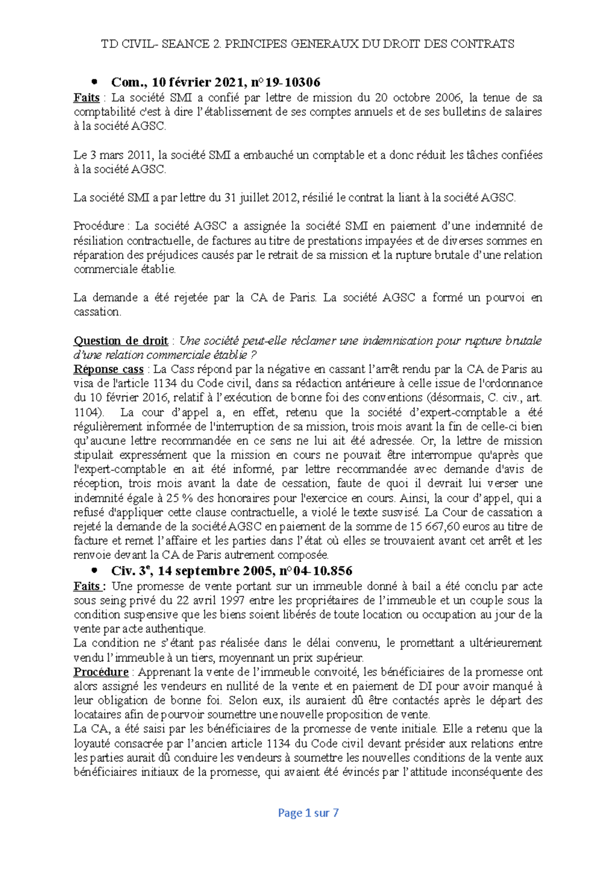 TD 2- Civil- S3 - TD - plusieurs fiches d’arrêt - Com., 10 février 2021 ...