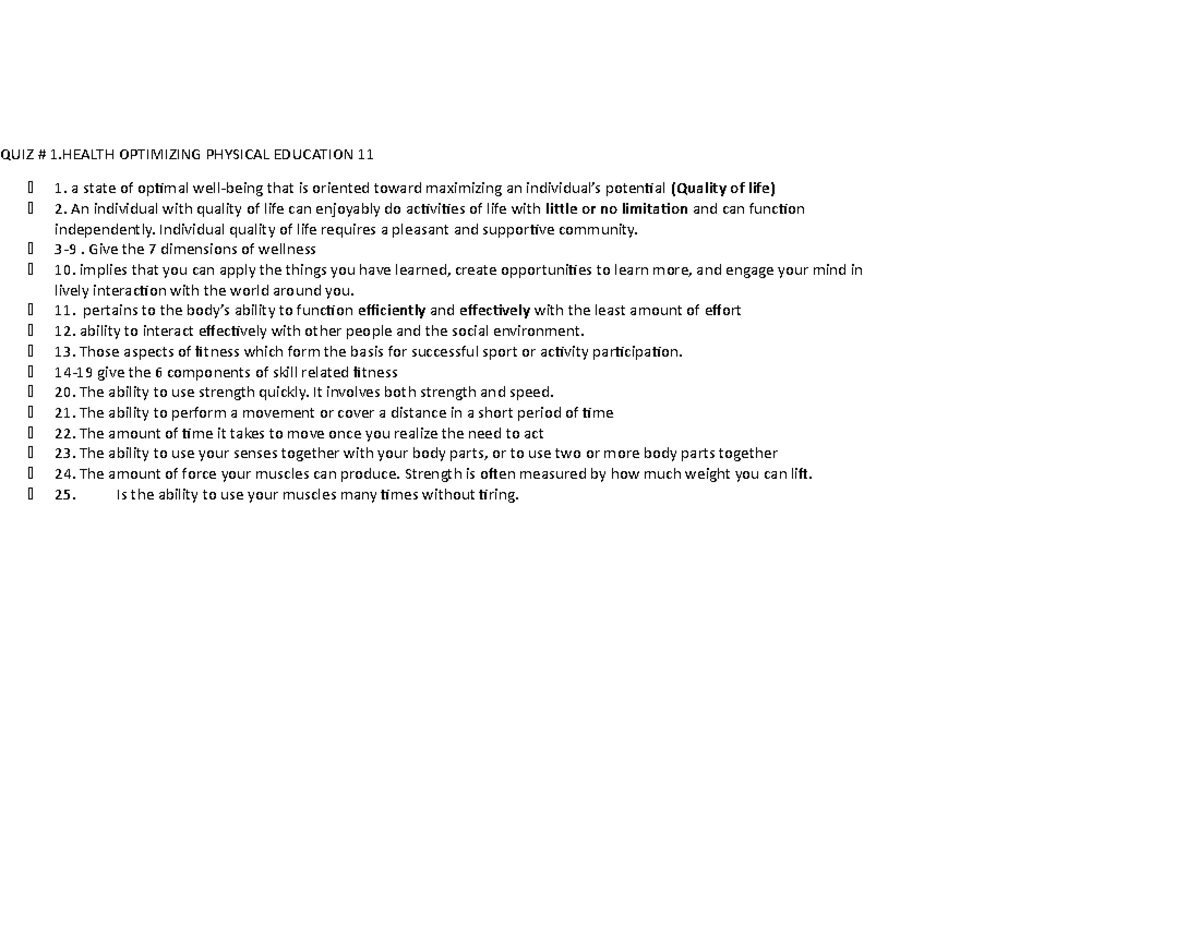 QUIZ IN PE 11 - exam - QUIZ # 1 OPTIMIZING PHYSICAL EDUCATION 11 1. a ...