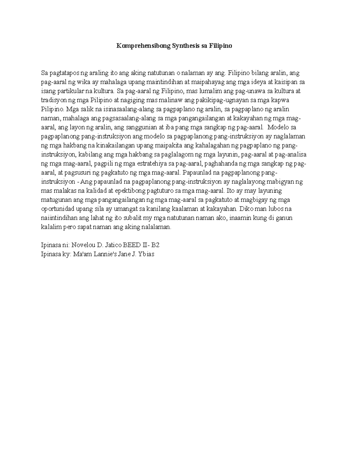 Komprehensibong Synthesis sa Filipino - Filipino bilang aralin, ang pag ...