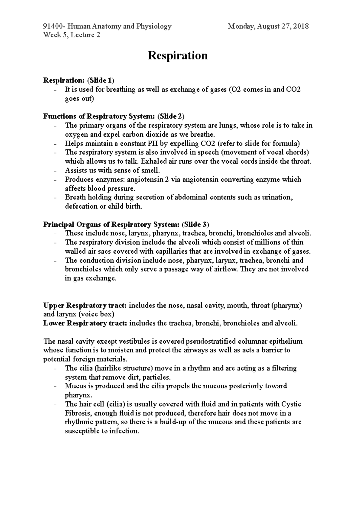 Respiration 1 Lecture - Human Anatomy and Physiology Week 5, Lecture 2 ...
