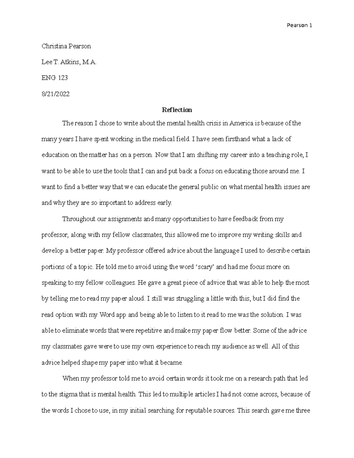 ENG 123 Module Eight Reflection- Christina Pearson - Pearson 1 ...