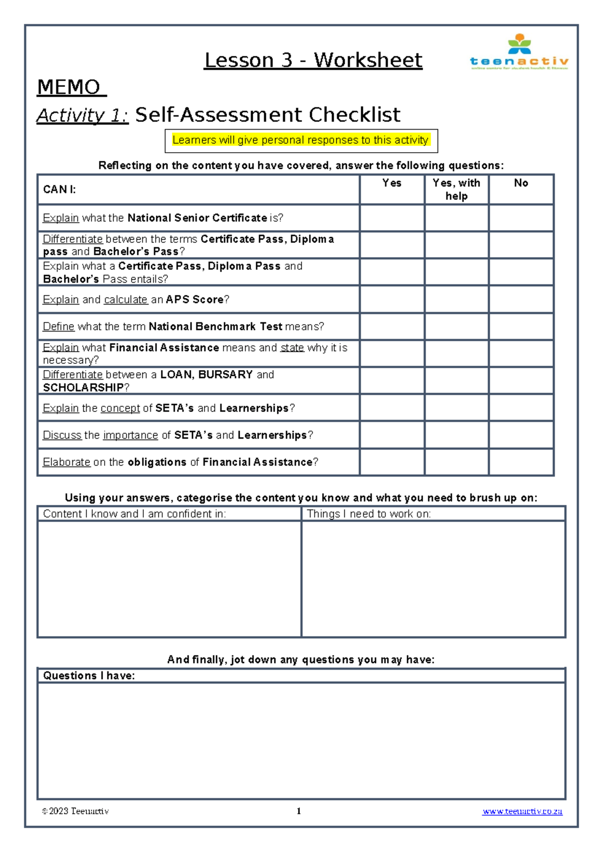 11 Lesson 3 - Worksheet MEMO - Lesson 3 - Worksheet MEMO Activity 1 ...
