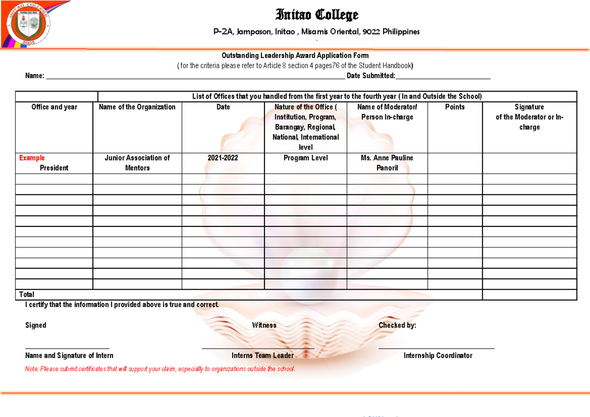 Leadership and service application Form - “Veritas Lux Mea” : 088 ...