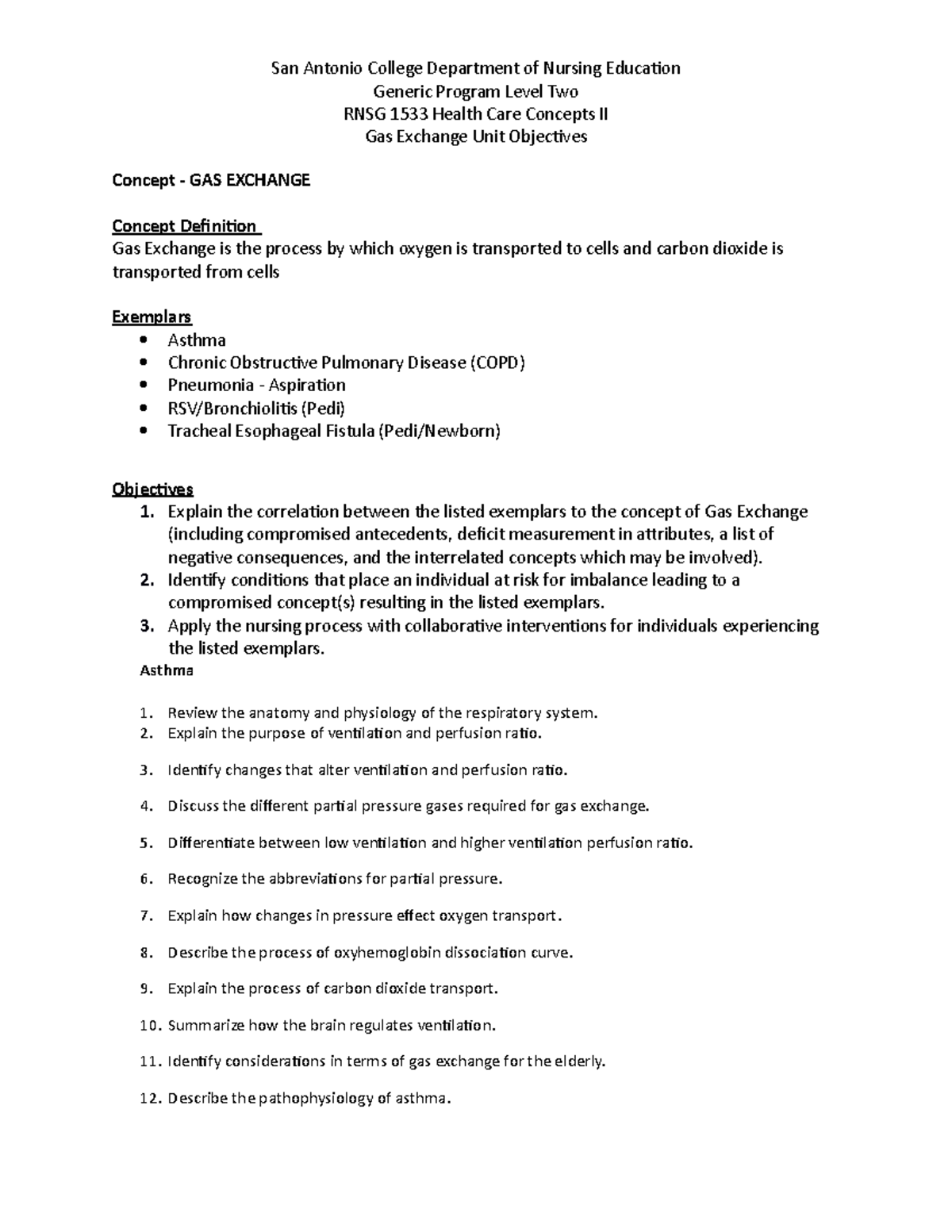 Gas Exchange Exemplar Objectives - Generic Program Level Two RNSG 1533 ...
