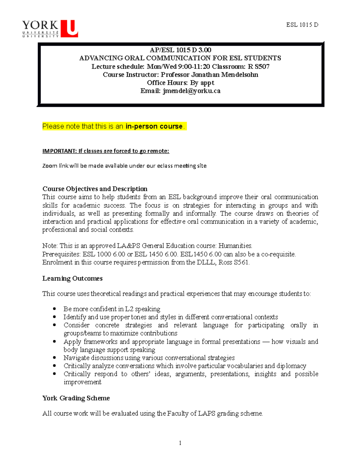 1015 Course outline Summer 2023 - ESL 1015 D AP/ESL 1015 D 3. ADVANCING ...