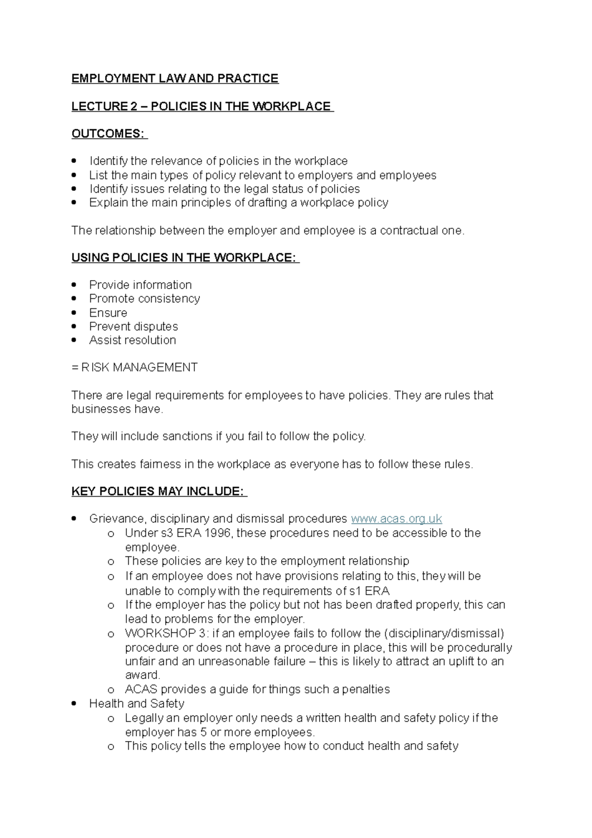 ELP - Lecture 2 - Policies IN THE Workplace - EMPLOYMENT LAW AND ...