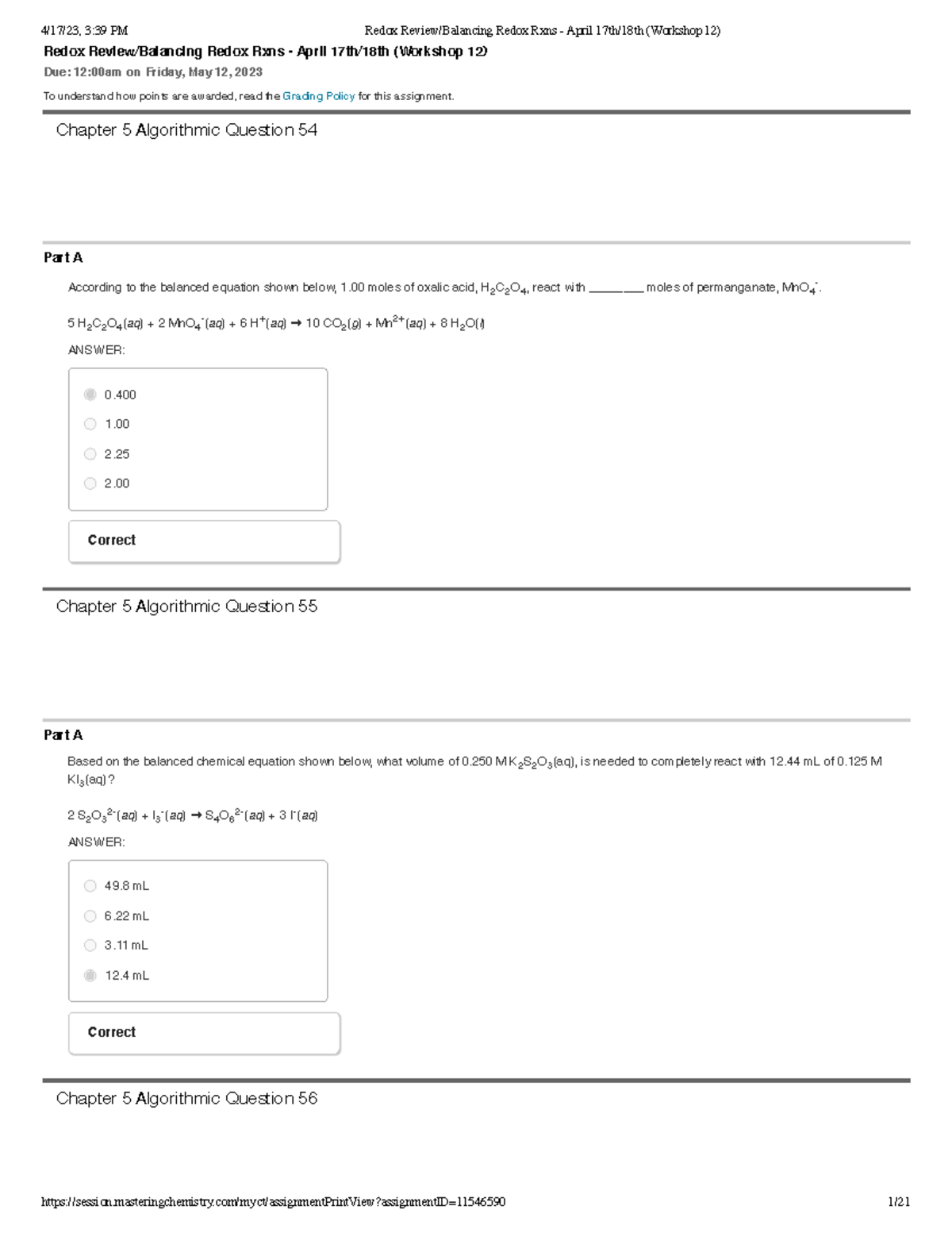 Redox Review Balancing Redox Rxns - April 17th 18th (Workshop 12) - CHE ...