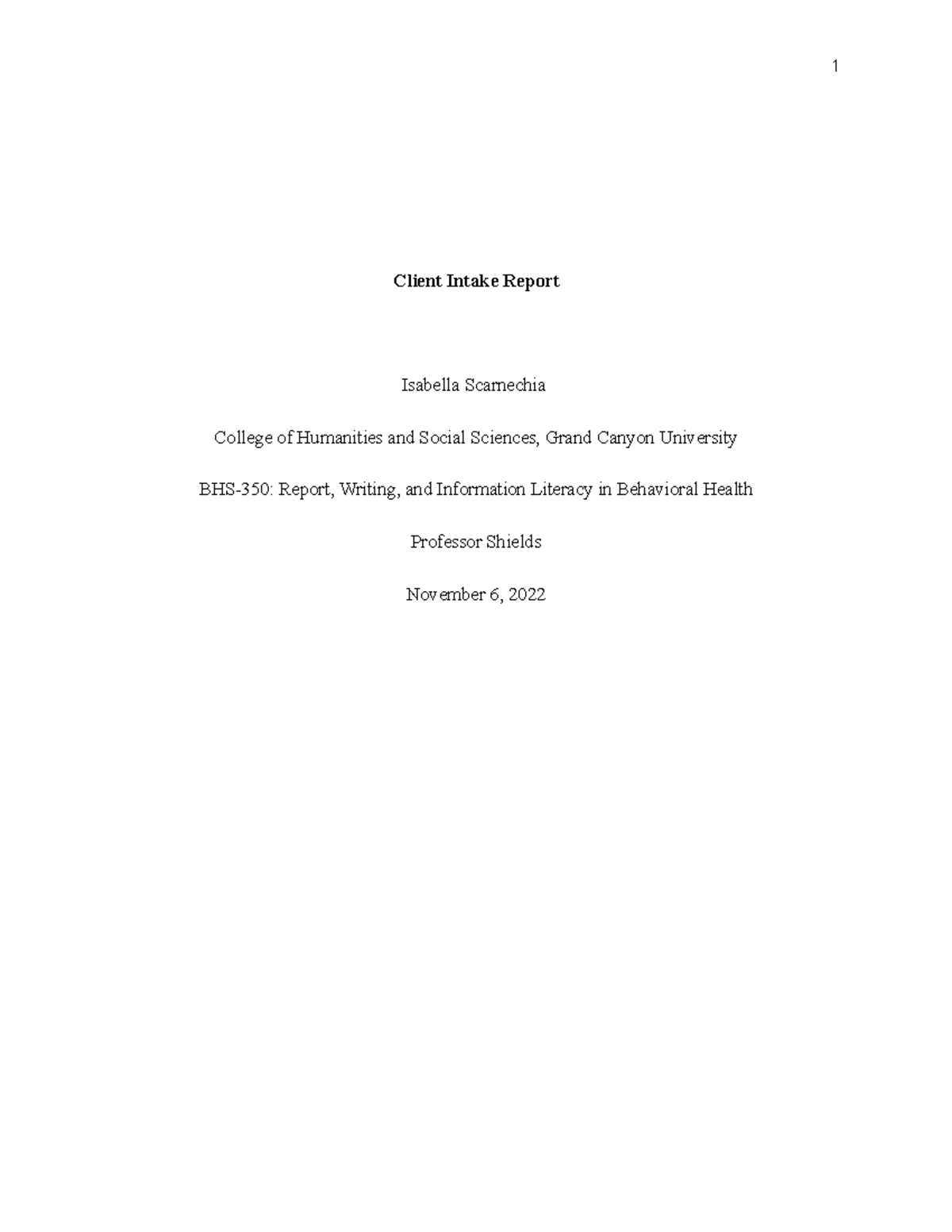 BHS-350Client Intake Report - Client Intake Report Isabella Scarnechia ...