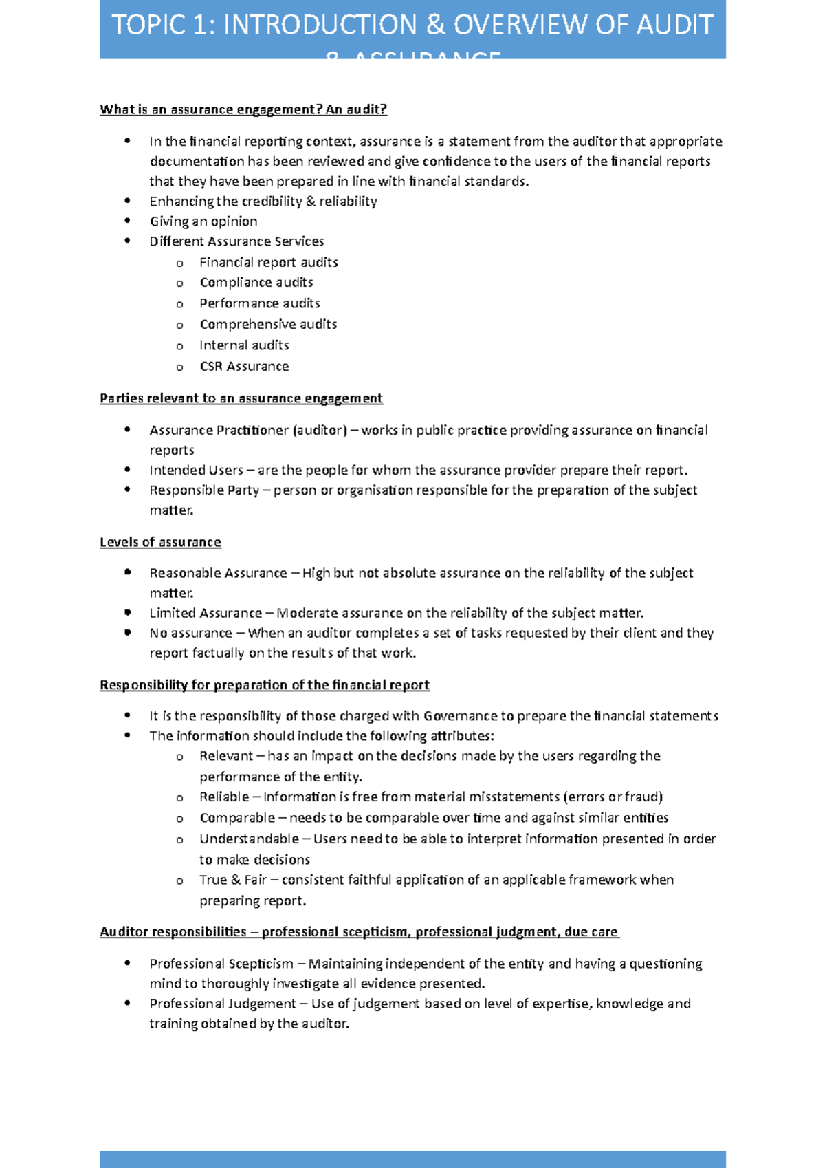 Topic 1 - Review Notes - Summary Auditing a Practical Approach - TOPIC ...
