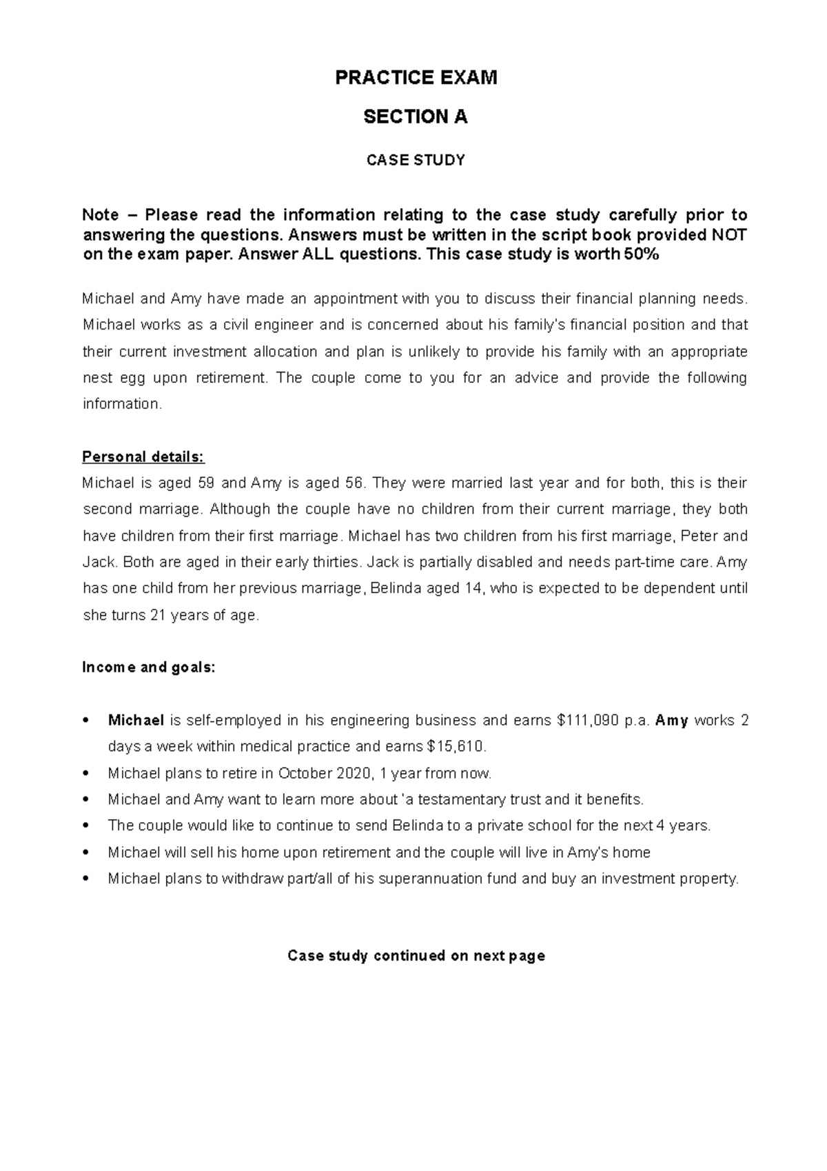 Practice Exam 2019, questions - PRACTICE EXAM SECTION A CASE STUDY Note ...