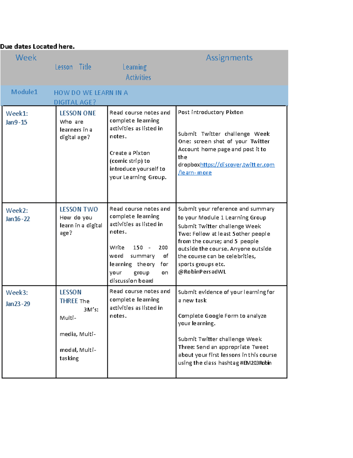 EM 203RPersad Weekly Schedule W23 - Due dates Located here. Week ...