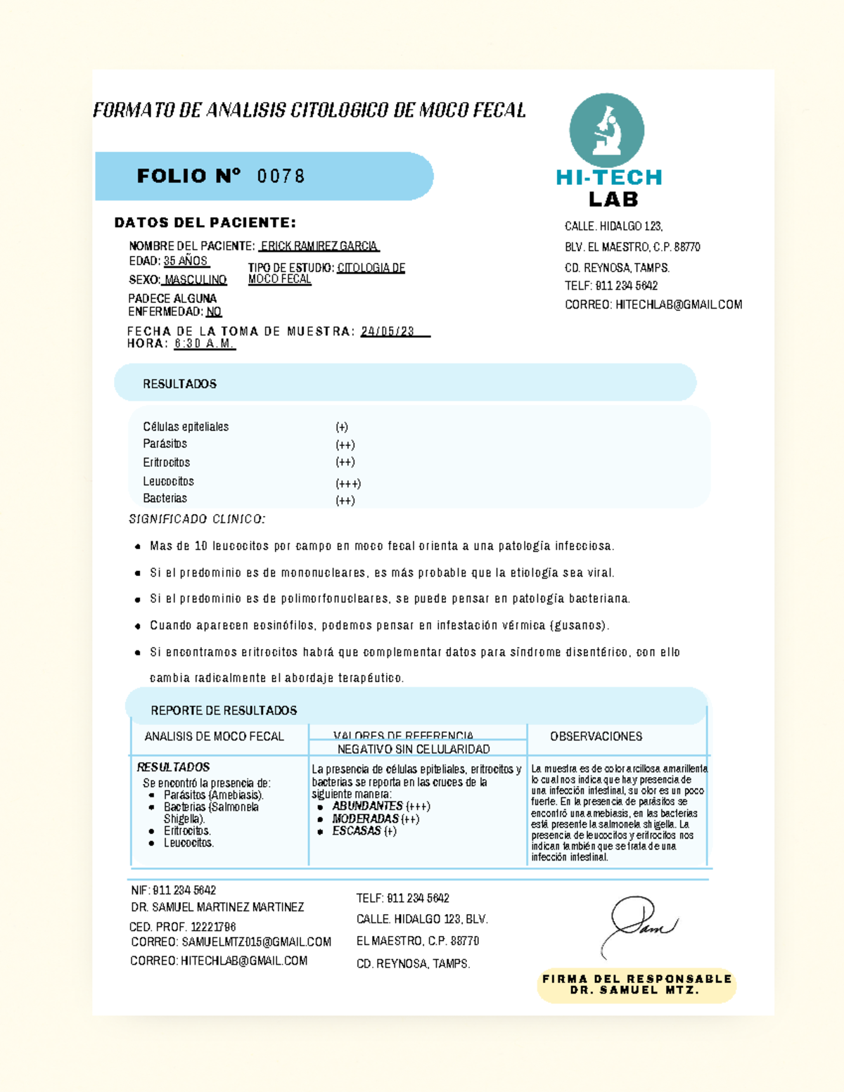 Formato DE Analisis Citologico DE MOCO Fecal. C - F I R M A D E L R E S ...