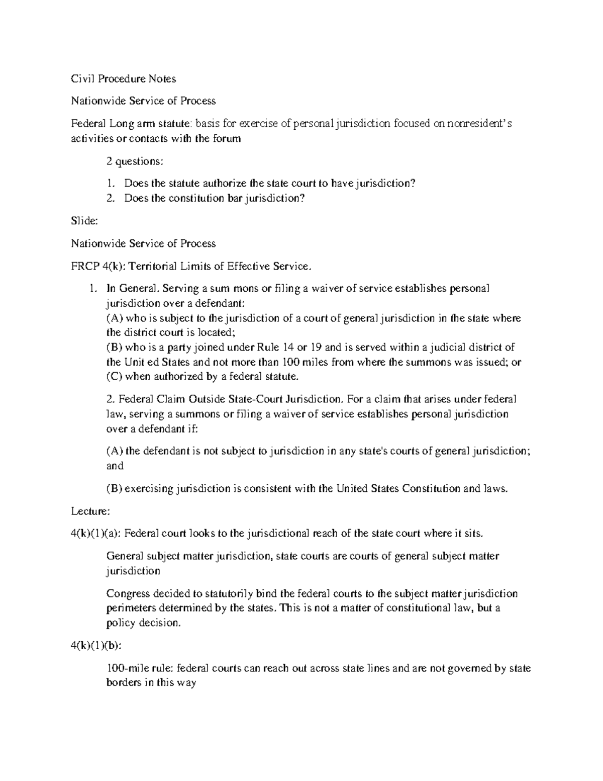 Civ Pro Notes - Civil Procedure Notes Nationwide Service of Process ...