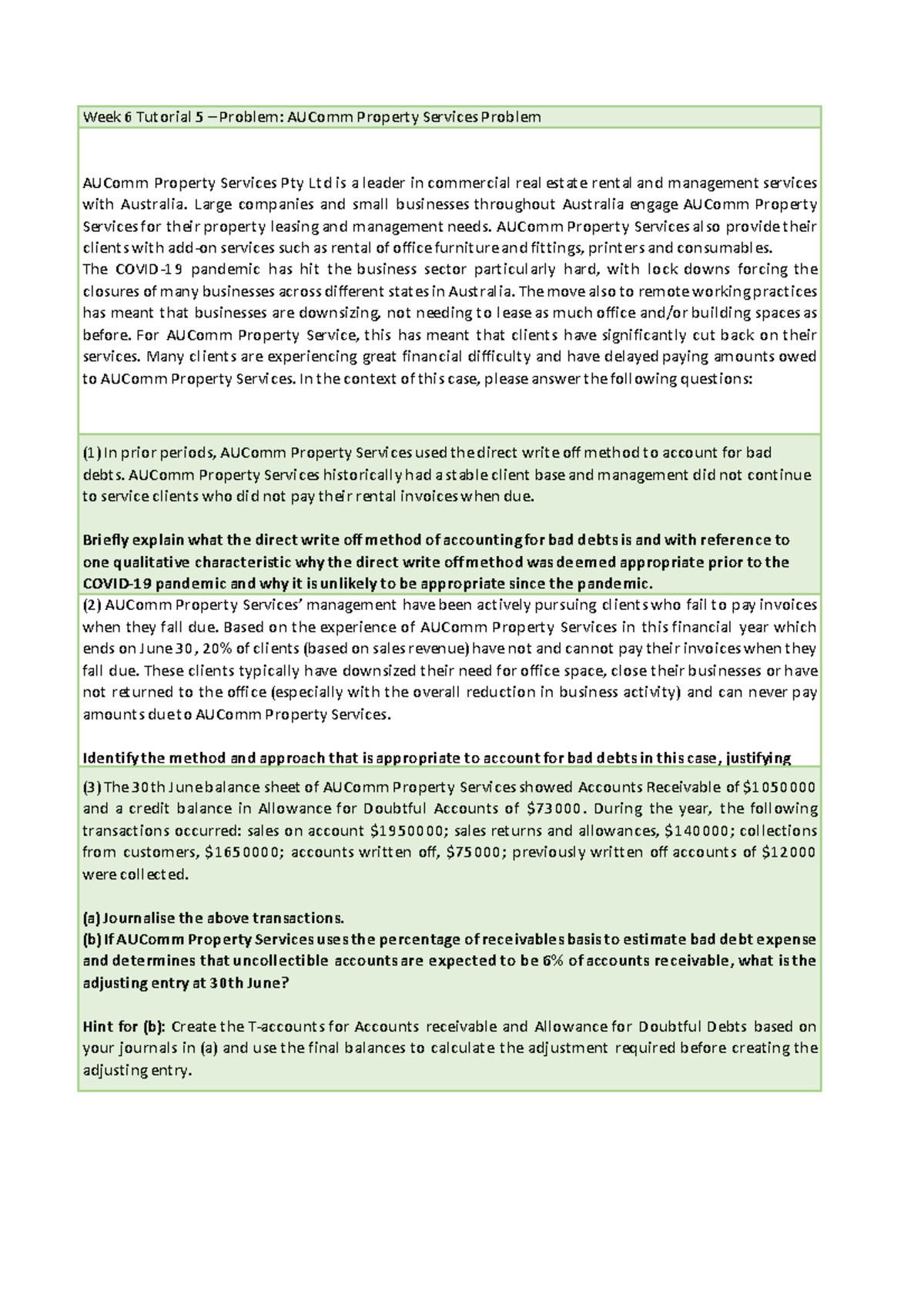 Week 6 Tutorial 5 AUComm Proper Services solution - Week 6 Tutorial 5 – Problem: AUComm Property ...