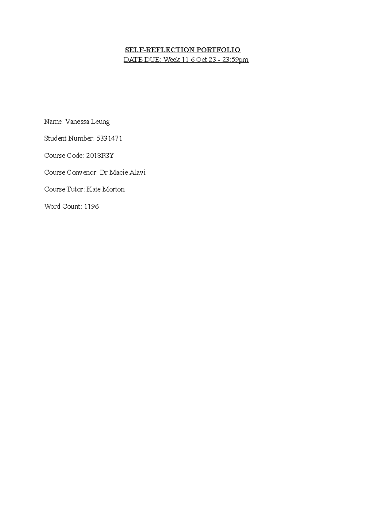 2018 PSY Self-Reflection Portfolio - SELF-REFLECTION PORTFOLIO DATE DUE ...