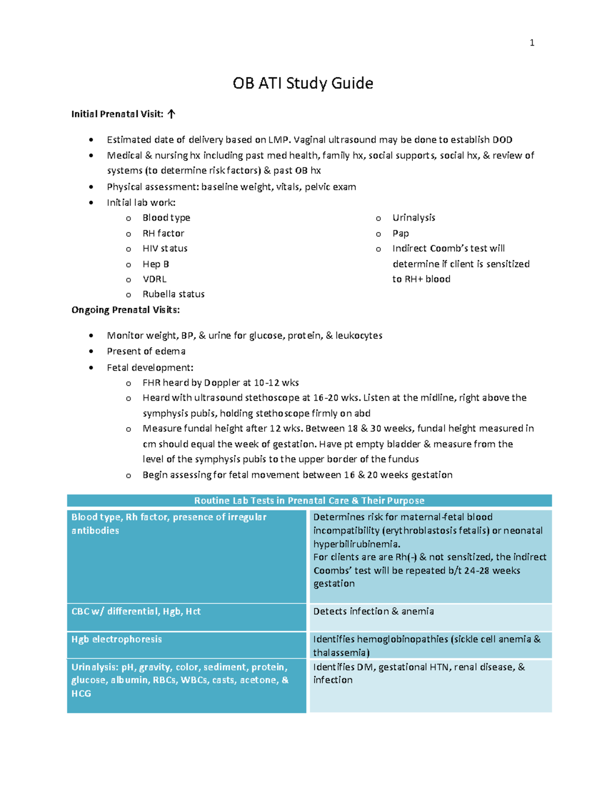 ATI OB Study guide pdf - OB ATI Study Guide Initial Prenatal Visit: ± ...