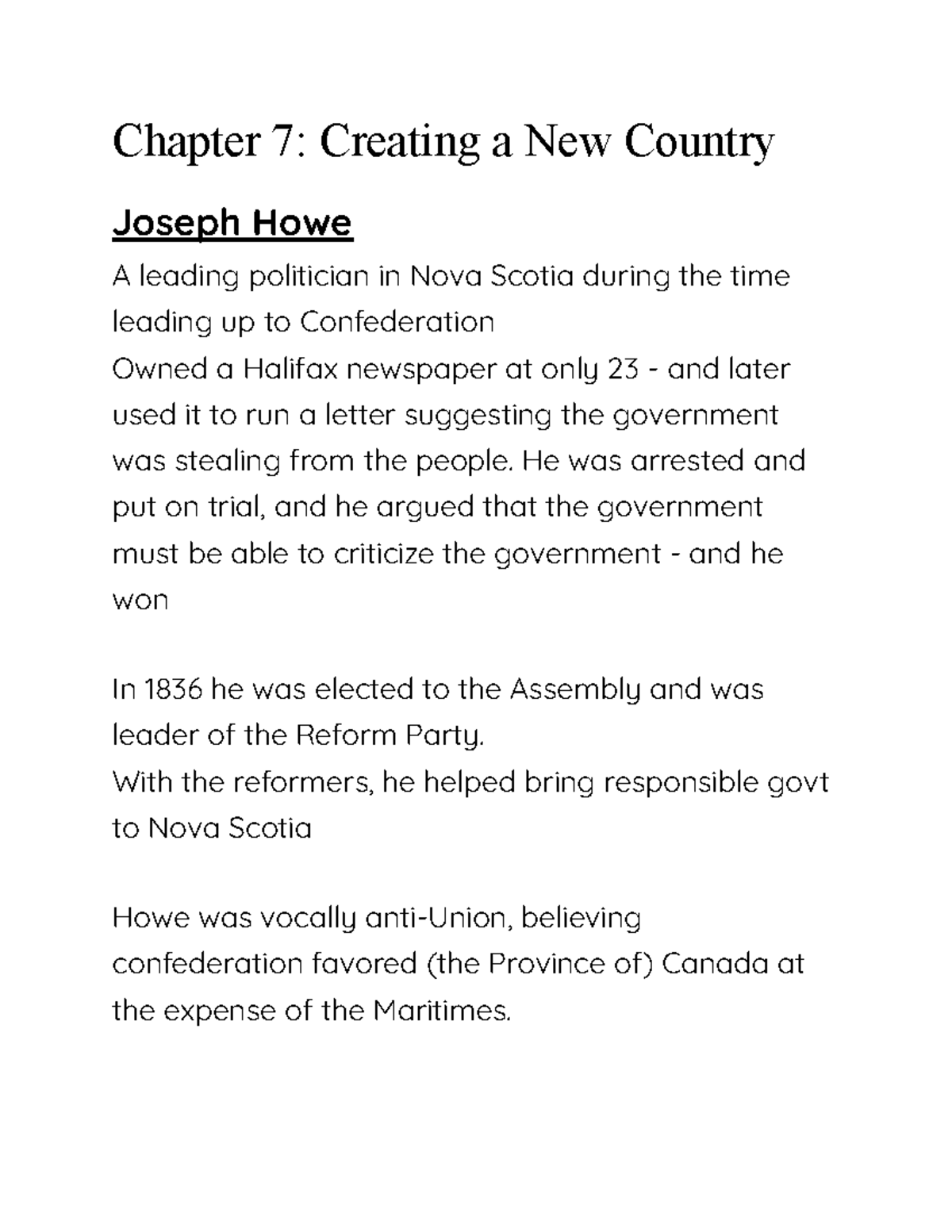 Chapter 7 Creating a New Country-Joseph Howe - He was arrested and put ...