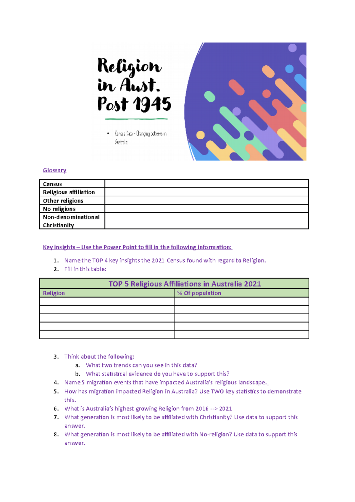 1. Census Workbook 2023 - Glossary Census Religious affiliation Other ...