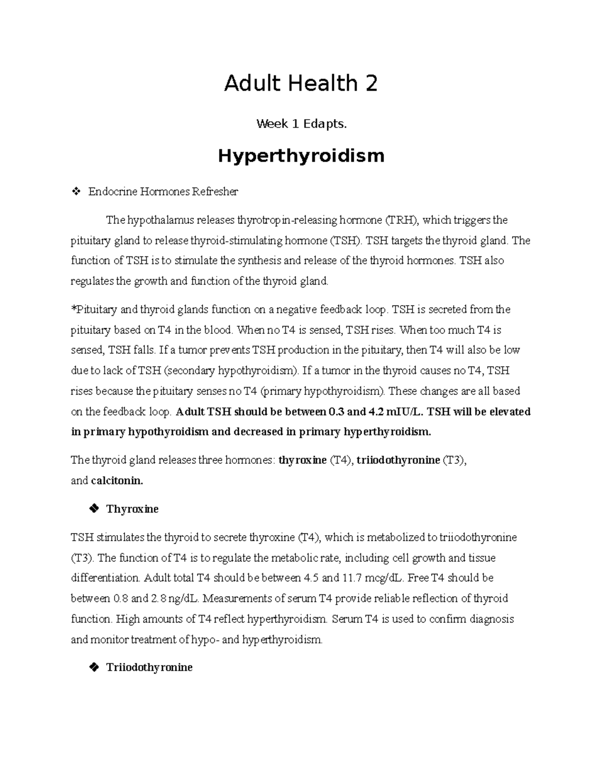 Week1 - edapt - Adult Health 2 Week 1 Edapts. Hyperthyroidism Endocrine ...