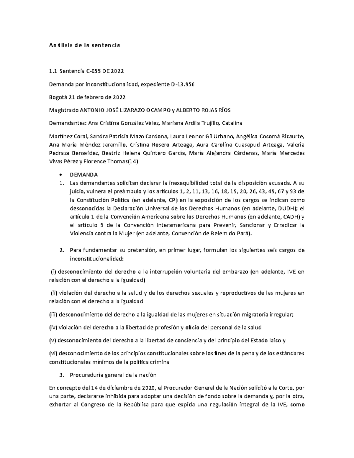 Análisis de la sentencia C-055 2022 - Análisis de la sentencia 1 Sentencia C-055 DE 2022 Demanda ...
