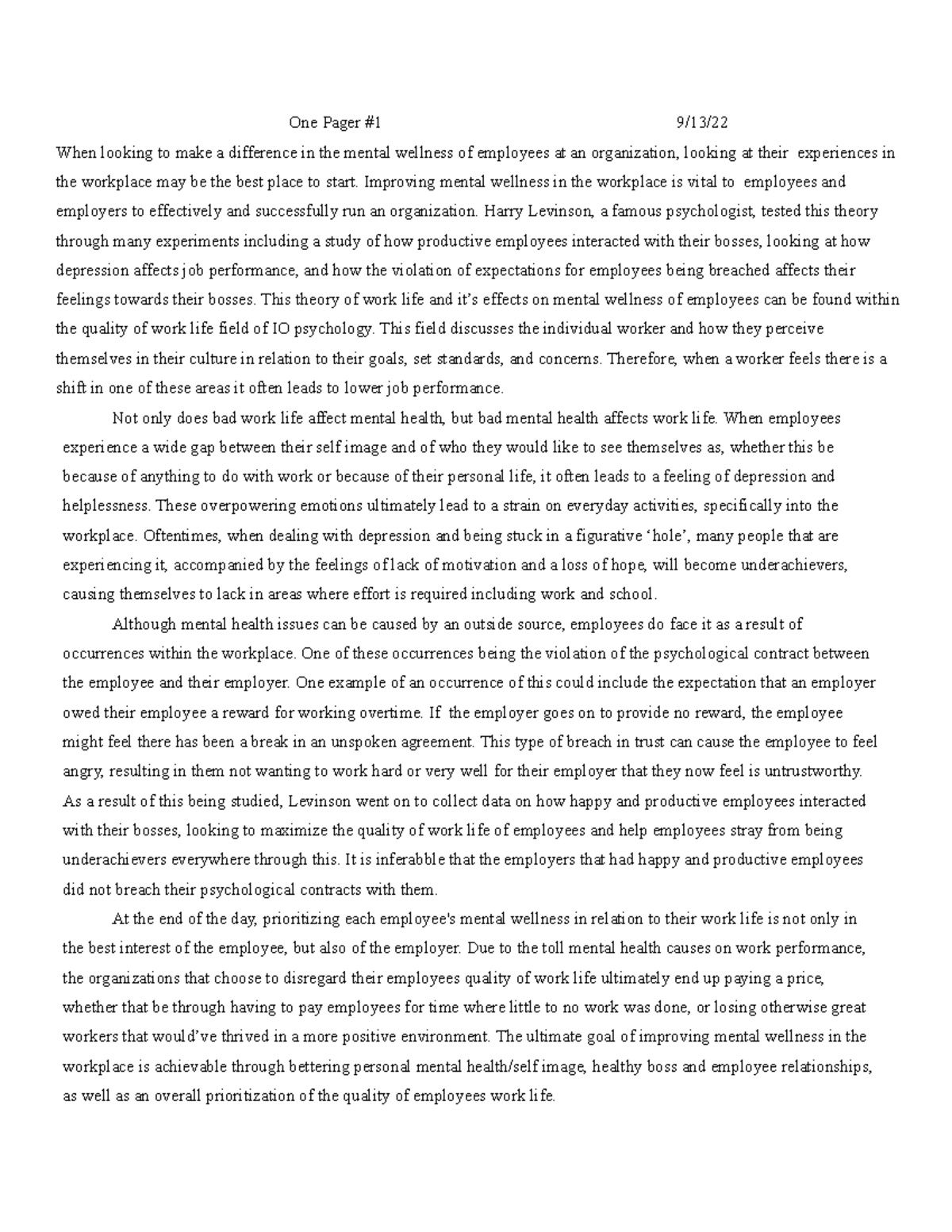 One pager 1 IO - required assignment in course - One Pager #1 9/13 ...