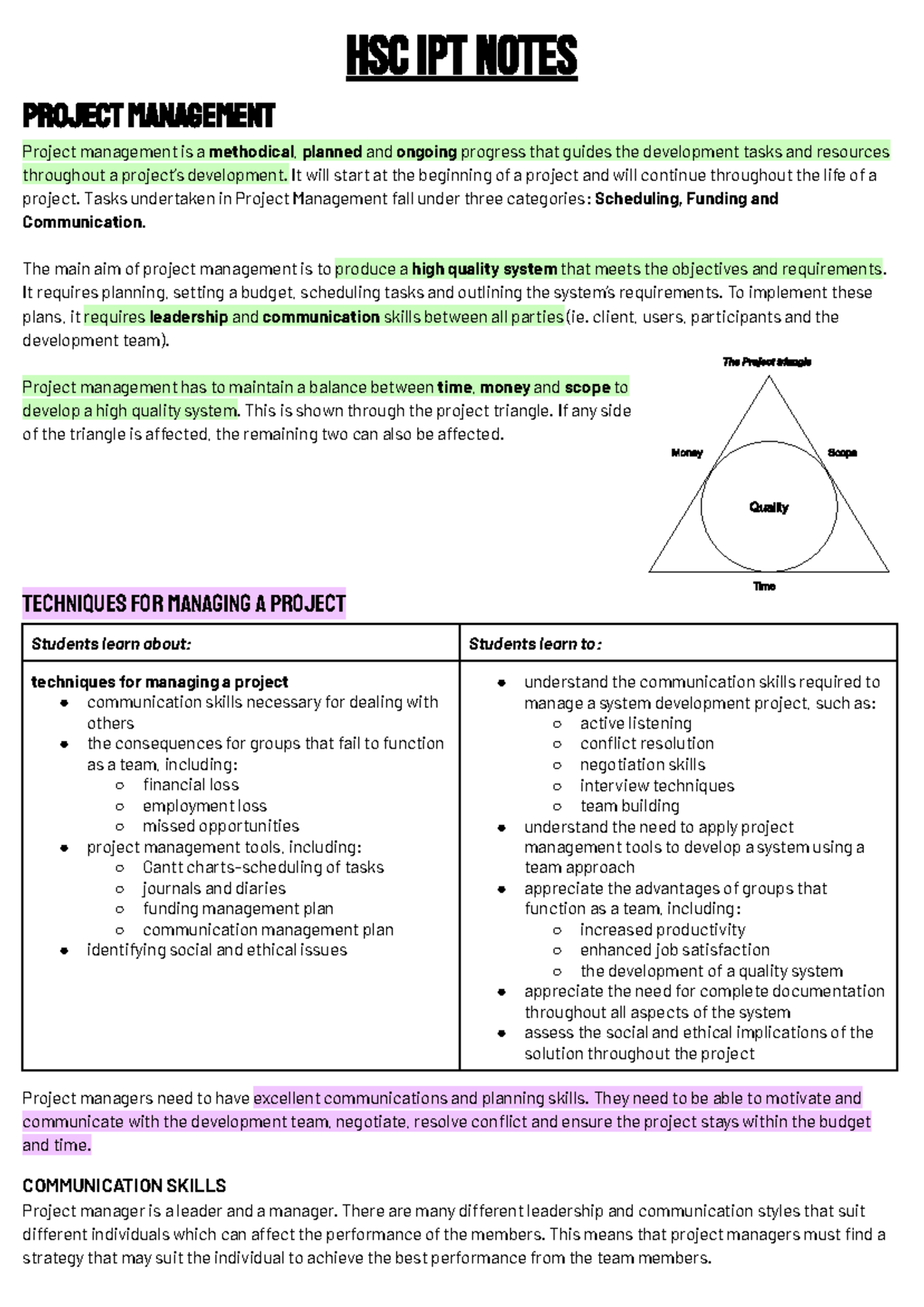HSC IPT Notes - Google Docs - HSC IPT NOTES project management Project ...