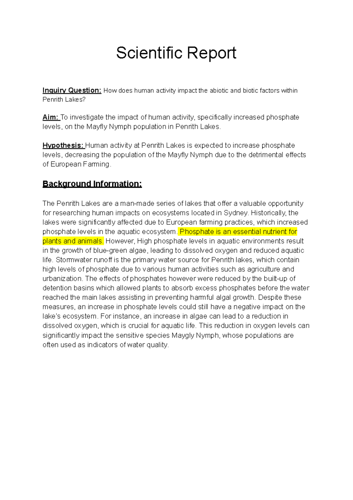 Science Report - Google Docs - Scientific Report Inquiry Question: How ...