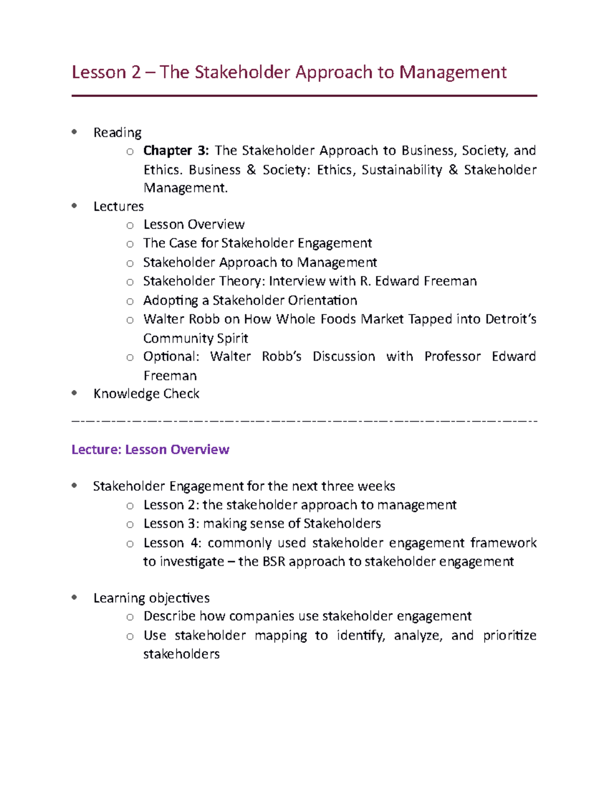 Notes from online lesson 2 - Lesson 2 – The Stakeholder Approach to ...