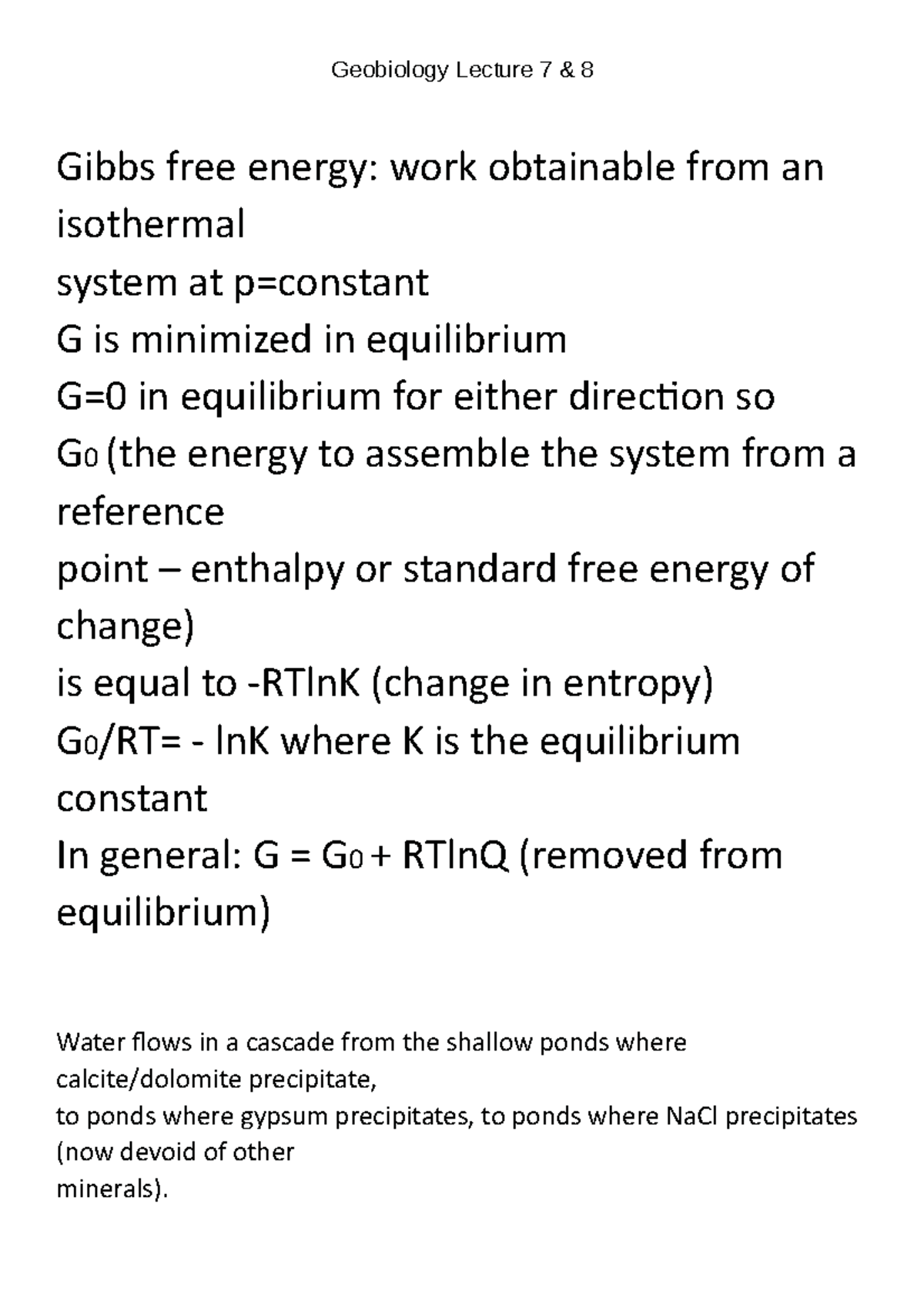 Geobiology Lecture 7 & 8 - Geobiology Lecture 7 & 8 Gibbs free energy ...