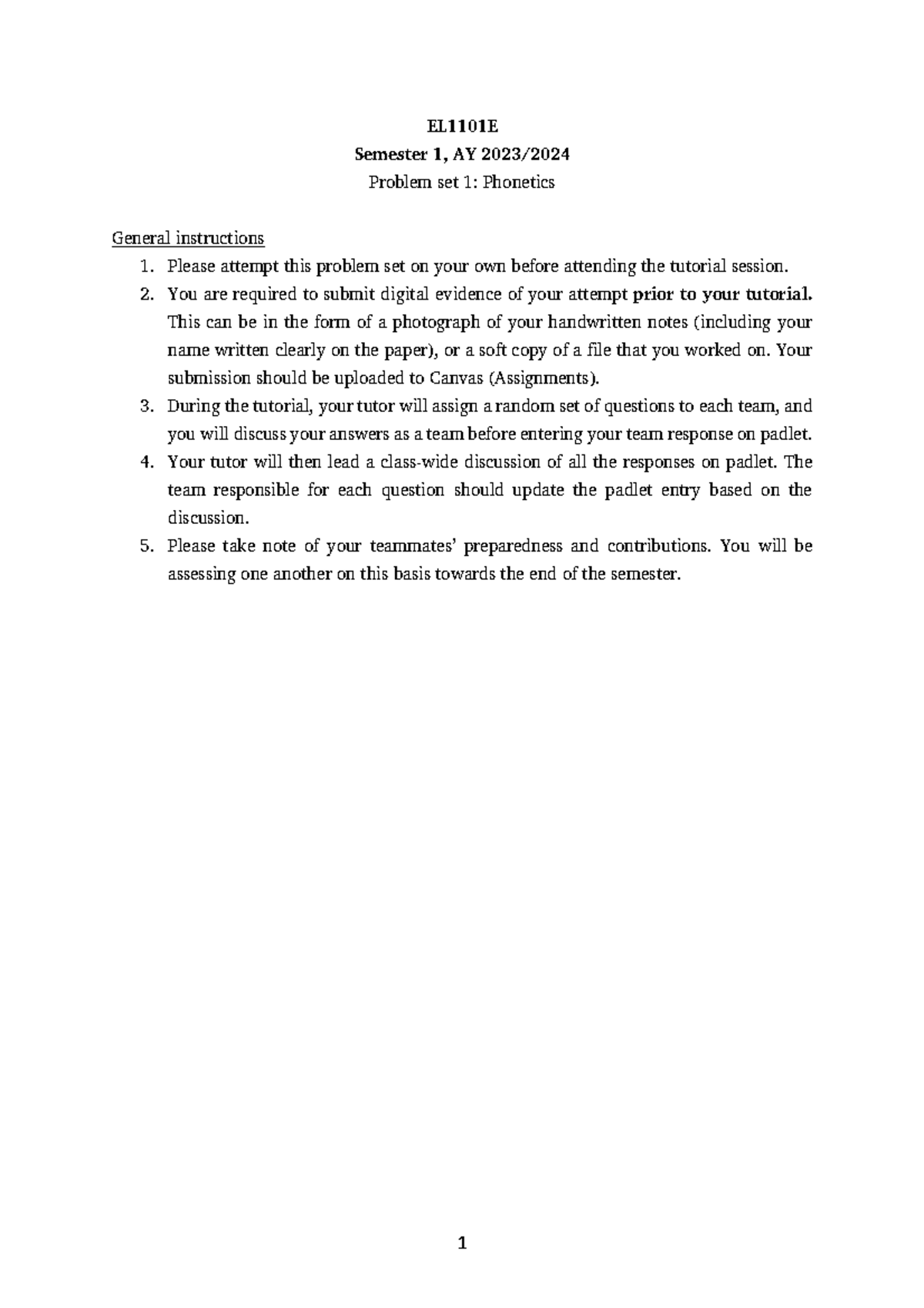 Ps1 - Tutorial - 1 EL1101E Semester 1, AY 202 3 /202 4 Problem set 1 ...