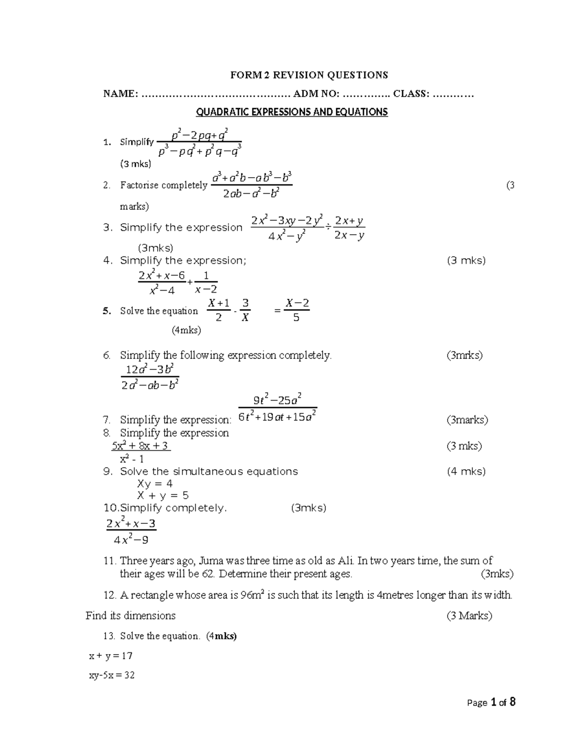 F2 J Revision 2 - EXCERCISE - FORM 2 REVISION QUESTIONS NAME: - Studocu