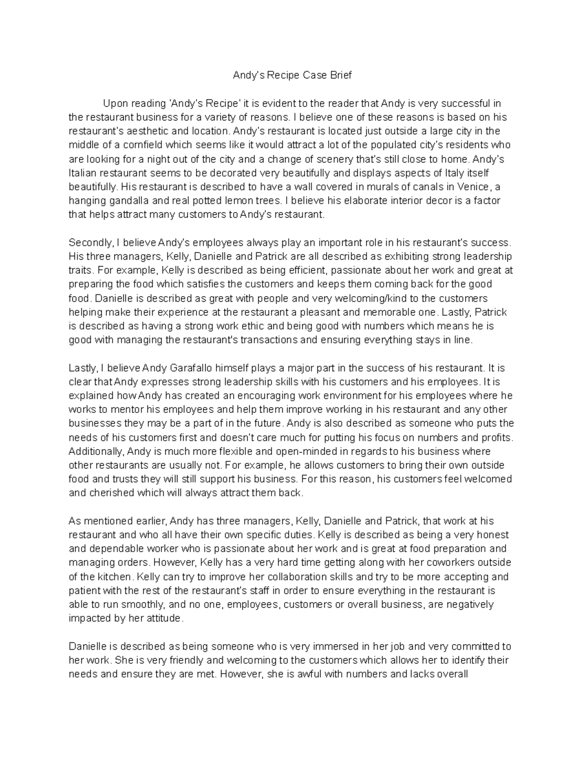 HROB 2010 Andy's Recipe Case Brief - Hrob2010 - U of G - Studocu