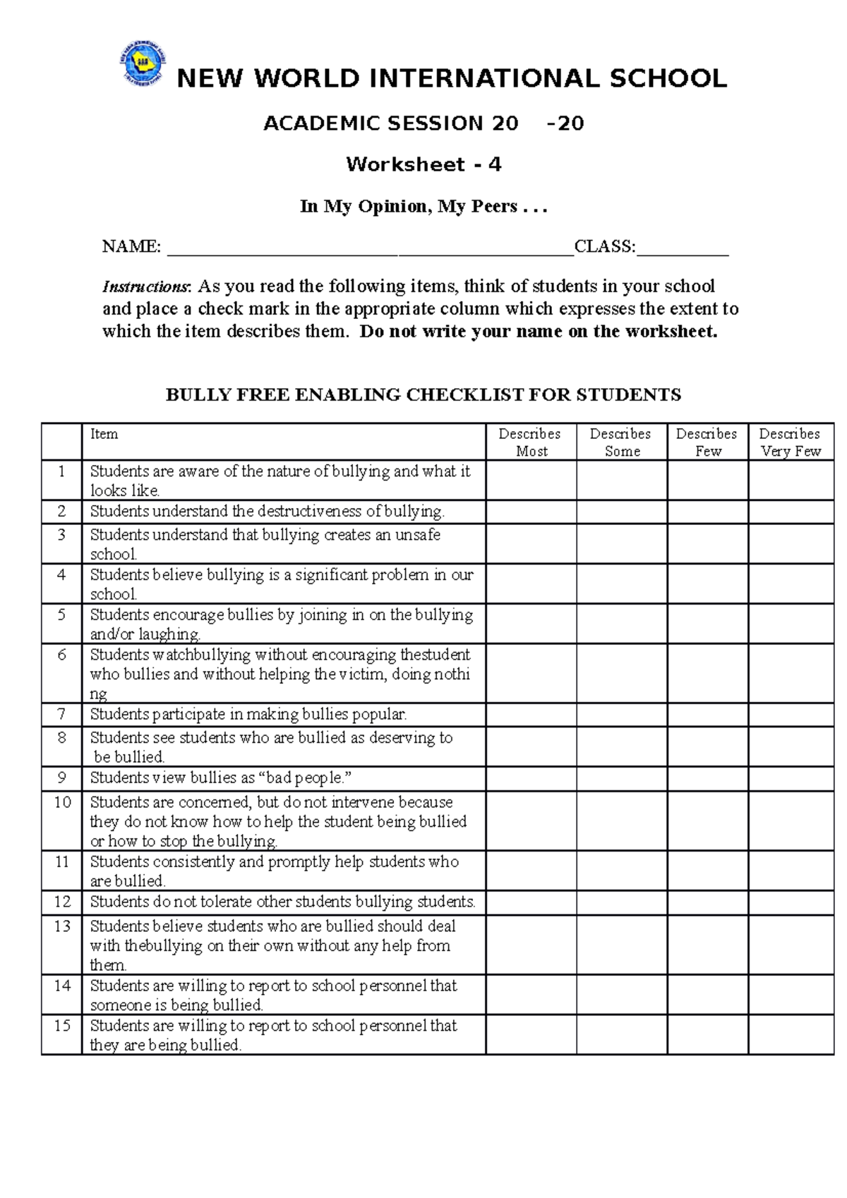 NWIS Anti-Bullying Worksheet-4 Anti-Bullying Worksheet-4 - NEW WORLD ...