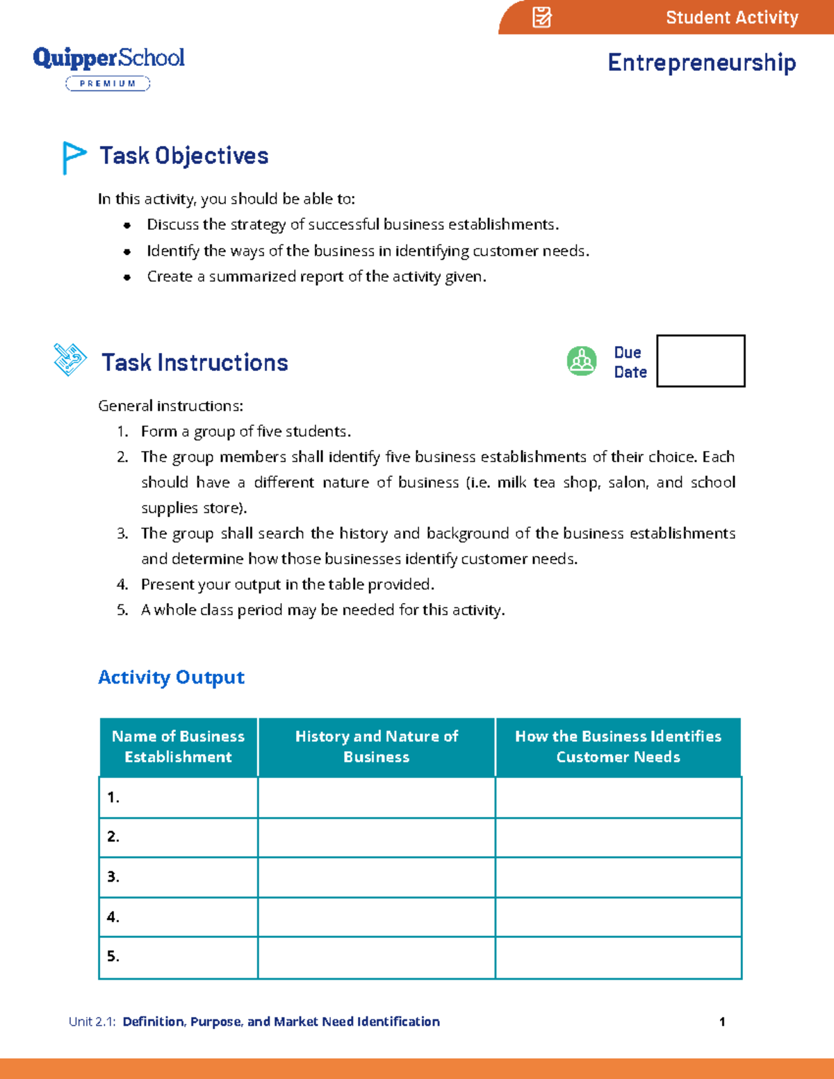 ENT SA2 Unit2 Lesson 1 Final - Entrepreneurship Task Objectives In this ...