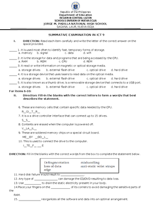 summative examination - SUMMATIVE EXAMINATION ICT 9I I. DIRECTION: Read ...