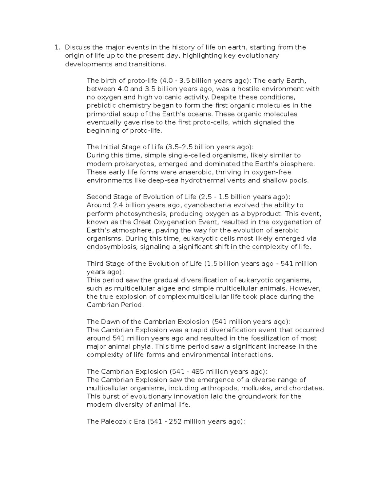 EVO LEC Assignment - Discuss the major events in the history of life on ...