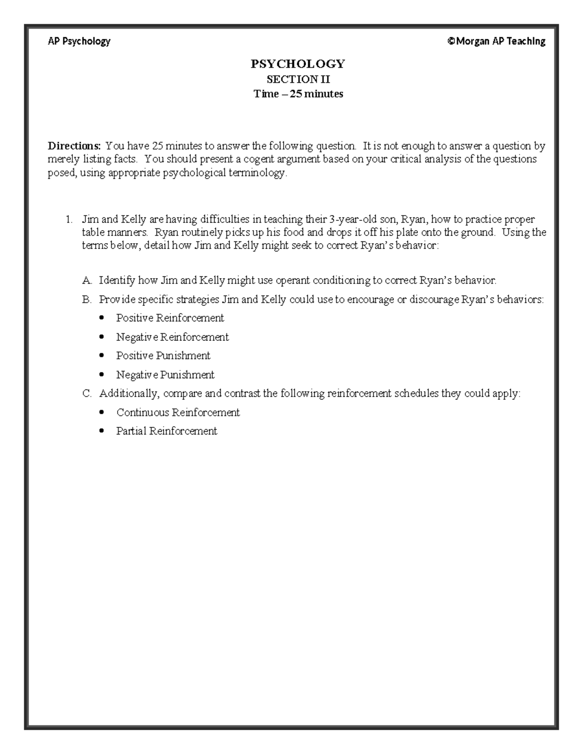 Unit 4 FRQ - Behaviorism - AP Psychology ©Morgan AP Teaching PSYCHOLOGY ...