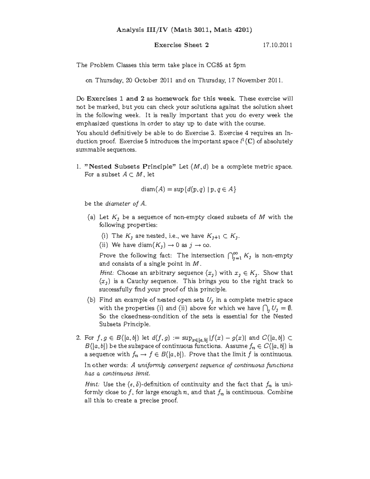MATH3011 2011-2012 Assignment 2 - Analysis III/IV (Math 3011, Math 4201 ...