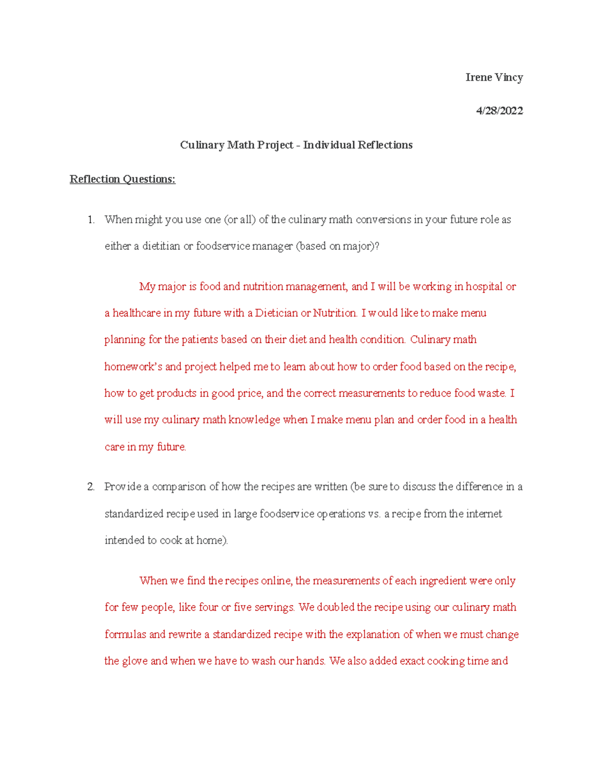 Culinary math project reflection - Irene Vincy 4/28/ Culinary Math ...