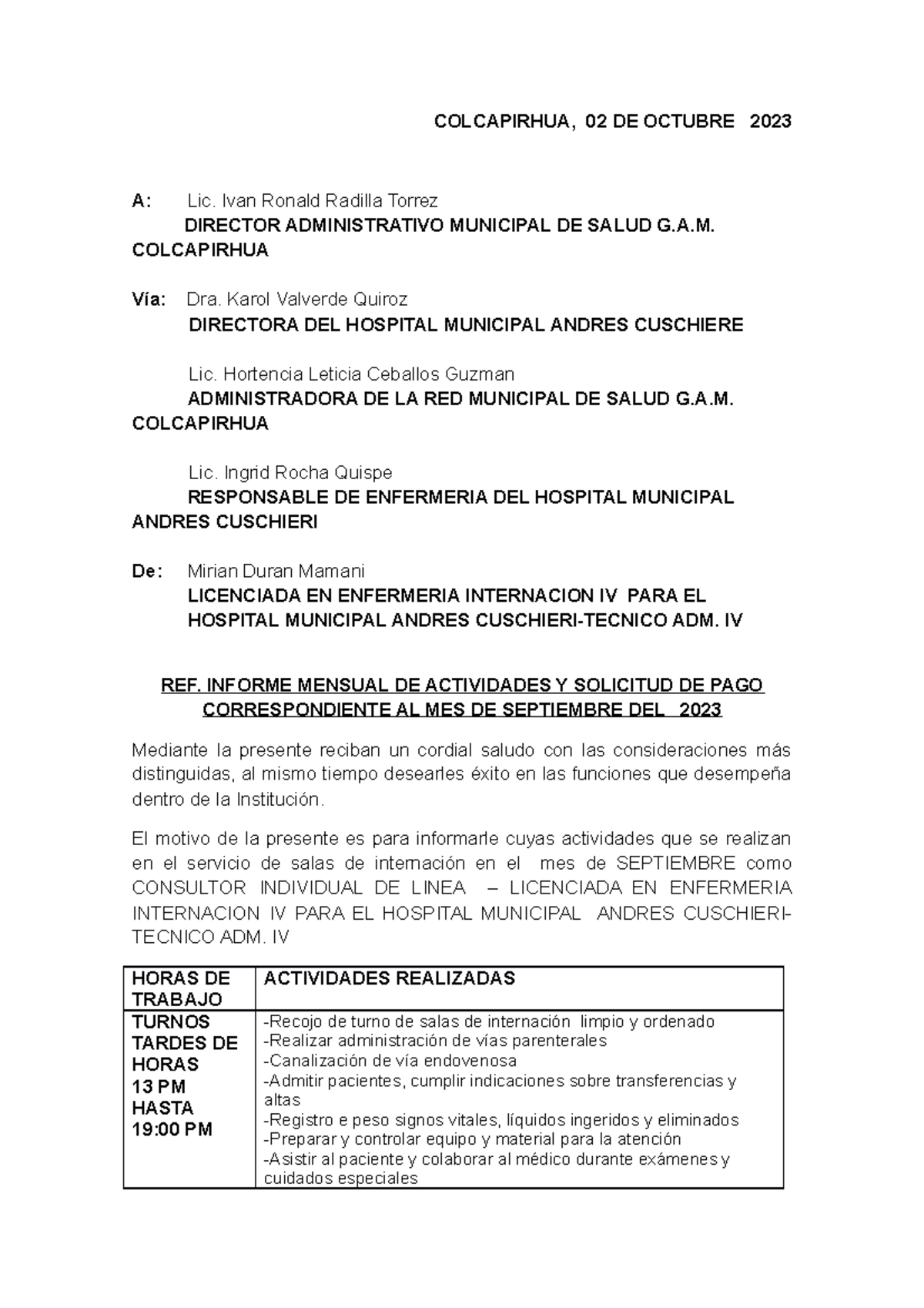 Informe SEP - fsdfsdfsdf - COLCAPIRHUA, 02 DE OCTUBRE 2023 A: Lic. Ivan ...