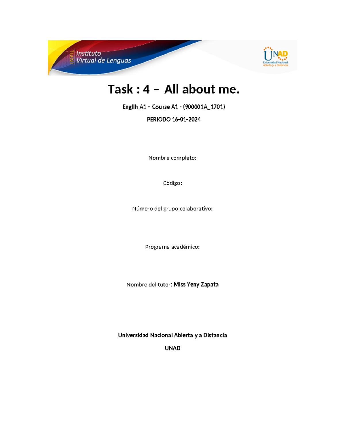 Plantilla Task 4 All about me - Task : 4 – All about me. Englih A1 ...